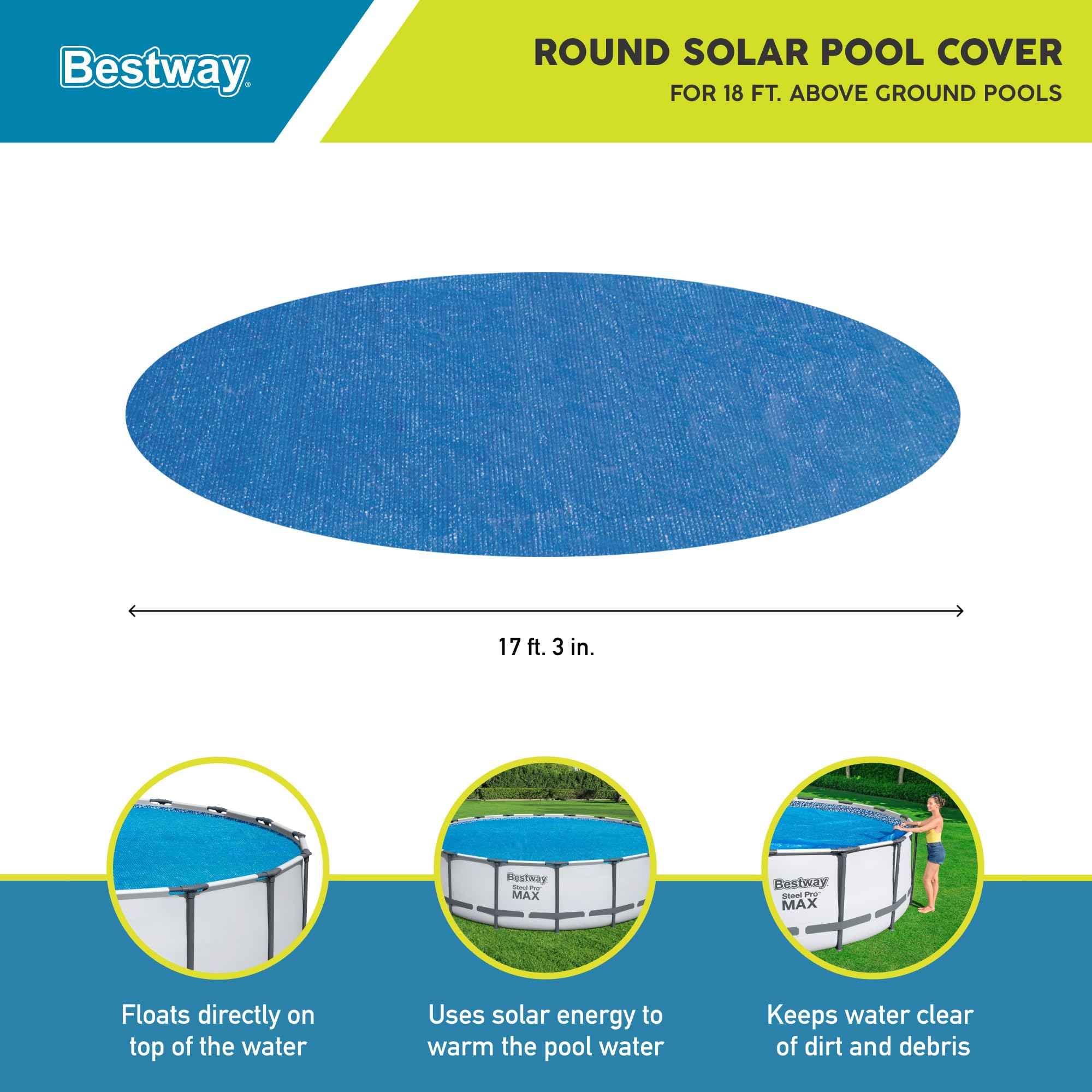 Bestway Flowclear 18 Foot Round Solar Heat Secure Pool Cover for Above Ground Swimming Pools with Storage Bag, Blue (Cover Only)