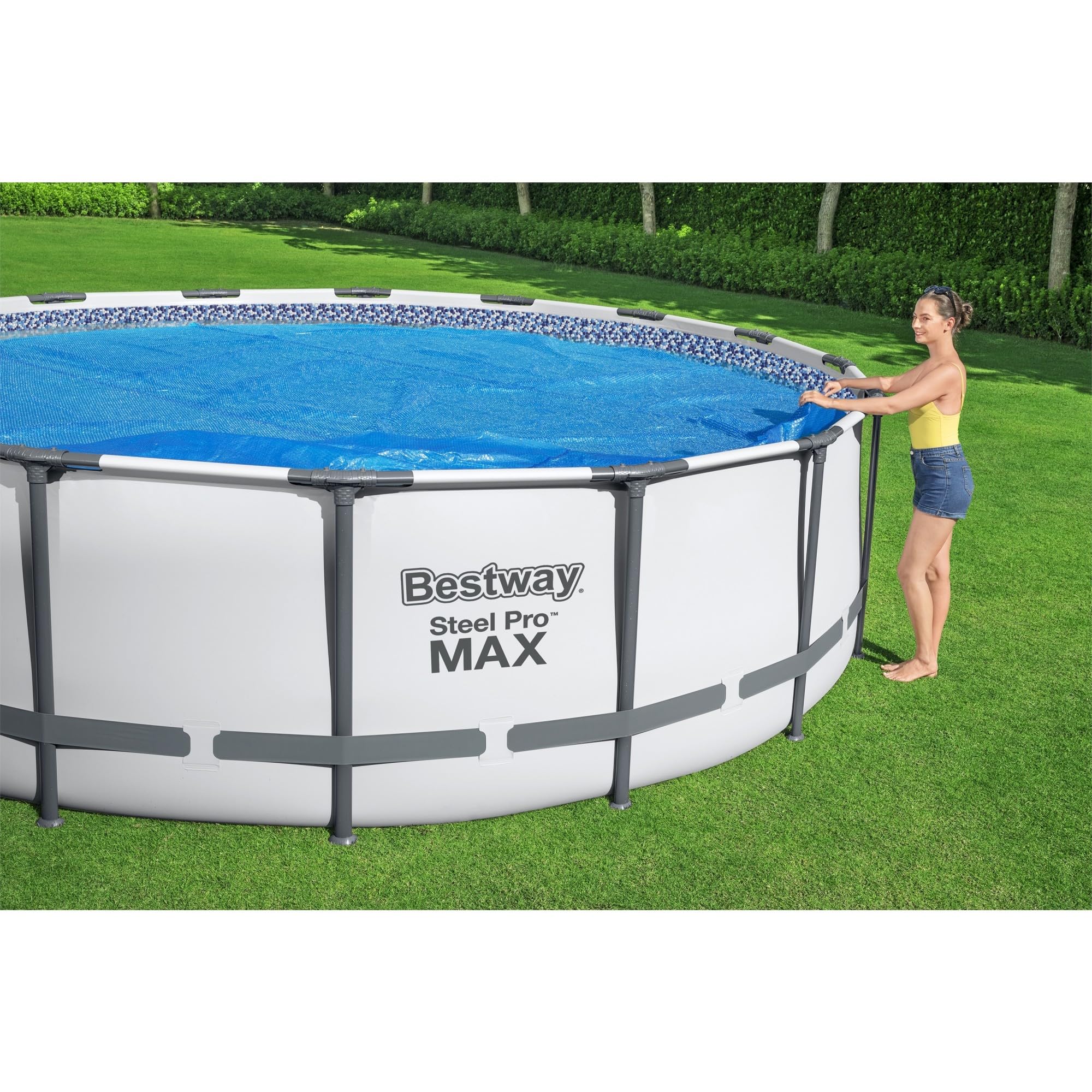 Bestway Flowclear 18 Foot Round Solar Heat Secure Pool Cover for Above Ground Swimming Pools with Storage Bag, Blue (Cover Only)