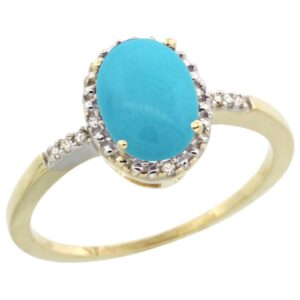 14k yellow gold natural diamond sleeping beauty turquoise ring oval 8x6mm, size 7