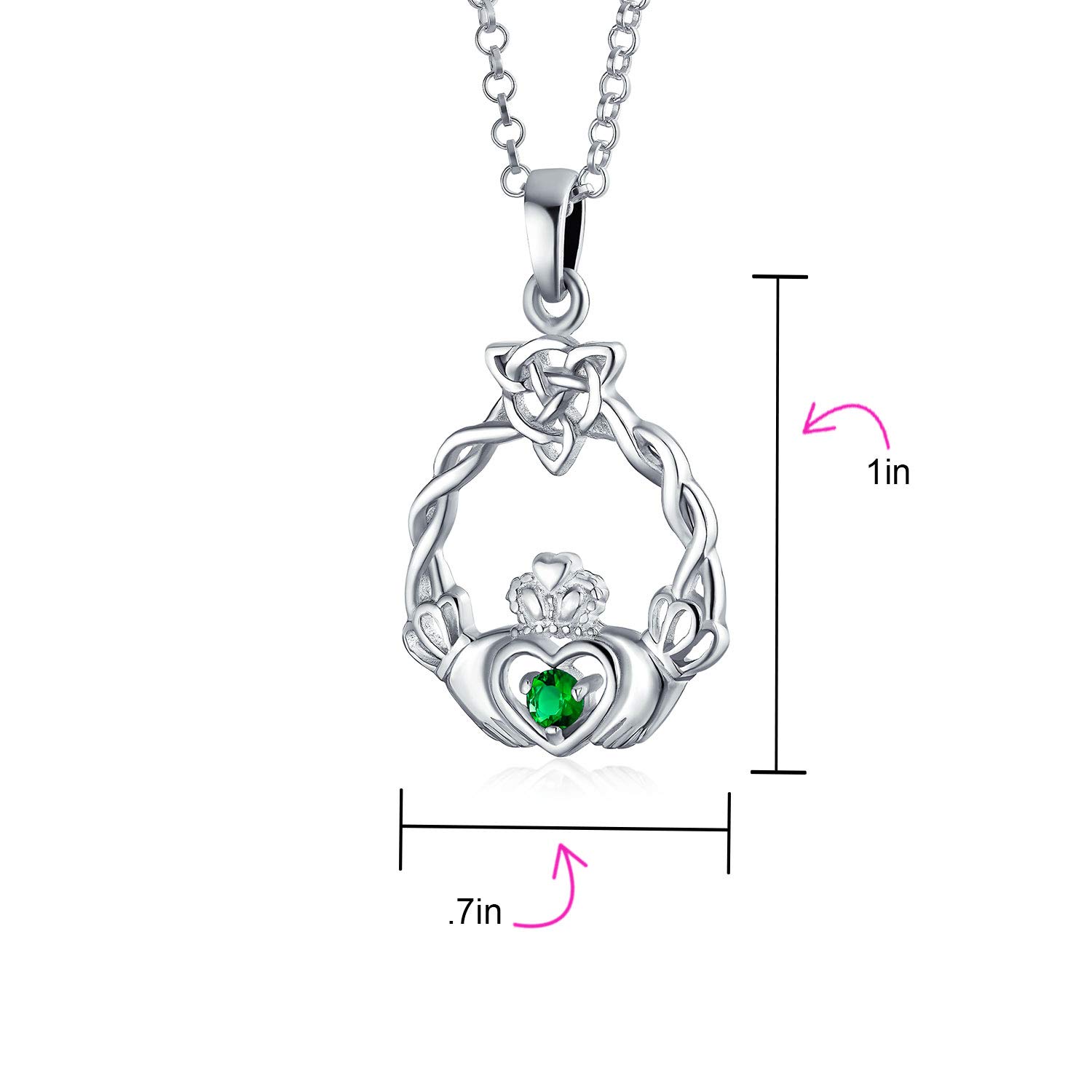 Bling Jewelry Traditional Irish Kelly Green Cubic Zirconia CZ Celtic Infinity Love Knot Friendship Heart Claddagh Pendant Necklace For Women Teen .925 Sterling Silver