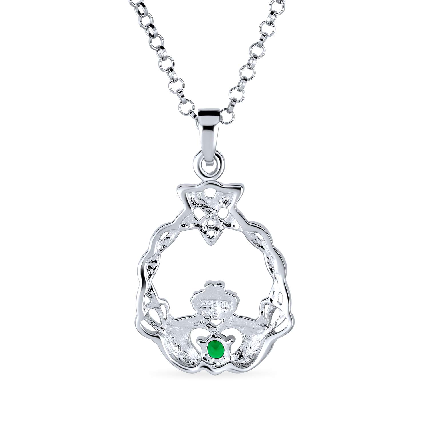 Bling Jewelry Traditional Irish Kelly Green Cubic Zirconia CZ Celtic Infinity Love Knot Friendship Heart Claddagh Pendant Necklace For Women Teen .925 Sterling Silver