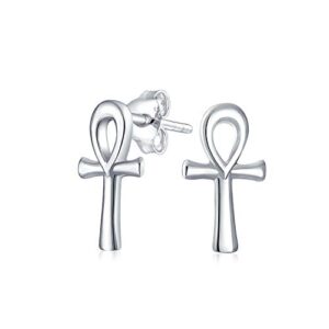 minimalist petite delicate religious symbol of life egyptian ankh cross stud earrings for women for men polished .925 sterling silver