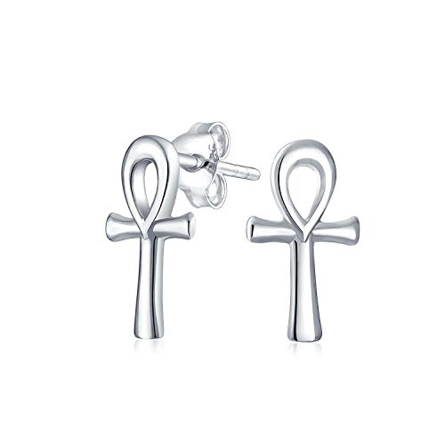 Minimalist Petite Delicate Religious Symbol of Life Egyptian Ankh Cross Stud Earrings For Women For Men Polished .925 Sterling Silver