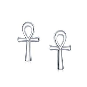 Minimalist Petite Delicate Religious Symbol of Life Egyptian Ankh Cross Stud Earrings For Women For Men Polished .925 Sterling Silver