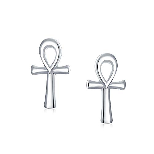 Minimalist Petite Delicate Religious Symbol of Life Egyptian Ankh Cross Stud Earrings For Women For Men Polished .925 Sterling Silver