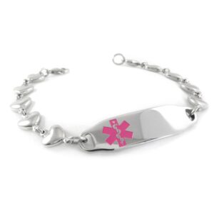 my identity doctor - pre-engraved & customized ladies diabetes type ii medical bracelet, heart chain pink