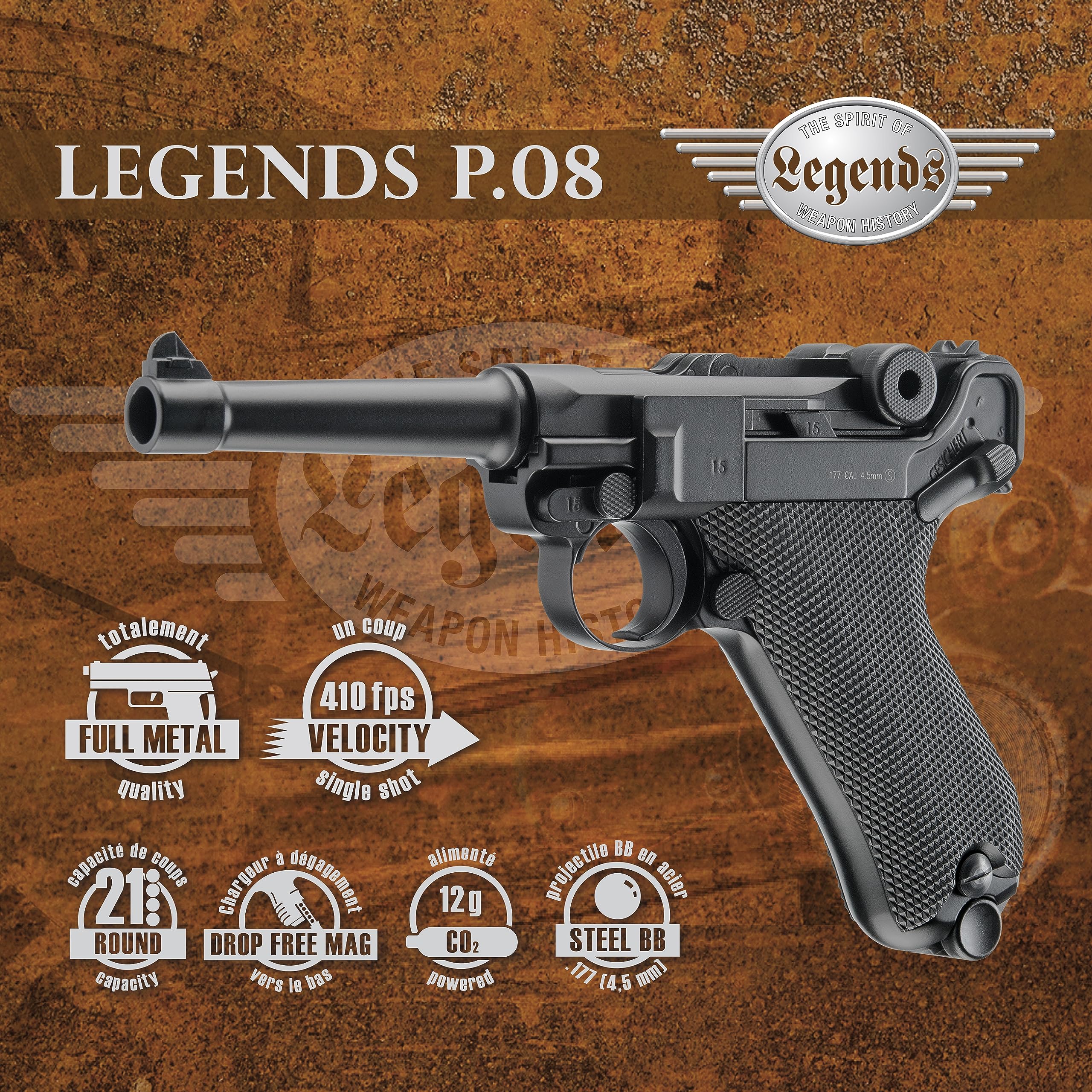 Umarex Legends P.08 All Metal .177 Caliber BB Gun Air Pistol, Standard Action, Legends P.08 Air Gun