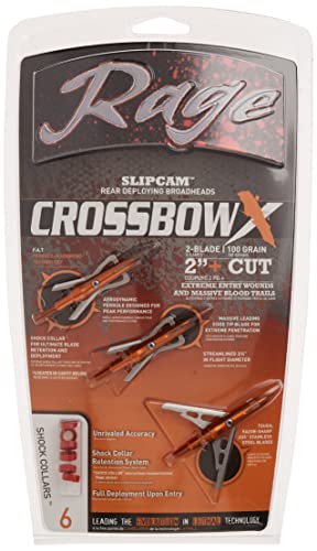 RAGE Crossbow X, 2-Blade Archery Arrow Broadhead, 100 or 125 Grain with Shock Collar Technology (3-Pack)