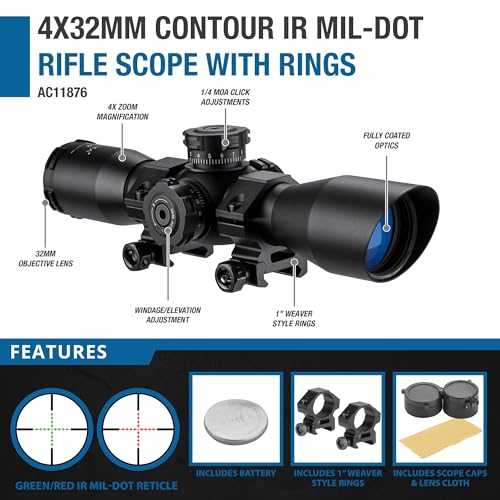 Barska Compact Rifle Scope Red/Green Illuminated Mil-Dot Reticle with Cantilever Rings - 4x32