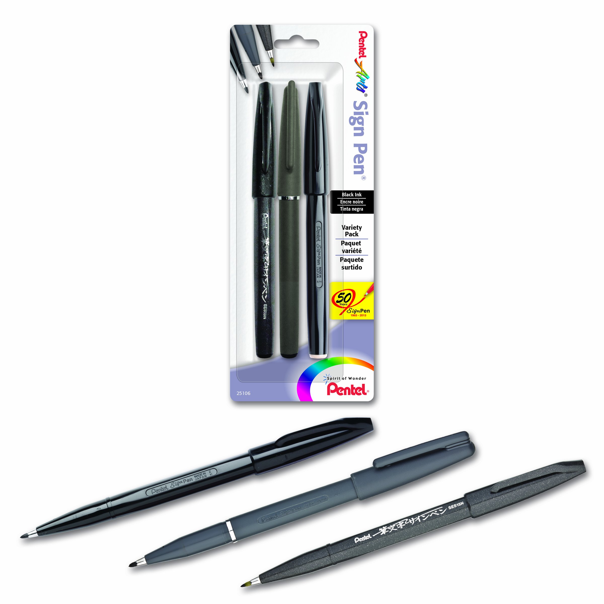 Pentel Arts Sign Pen Assorted Styles 3-PK