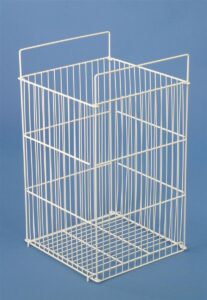 white wire display bin with height-adjustable bottom shelf, 18 x 18 dump bin for retail use