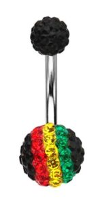 playful piercings swarovski crystal ferido rasta color red, yellow, green, black paved ball belly navel ring 14g