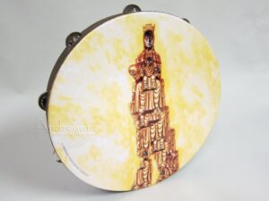 remo tambourine, alessandra belloni, 16" dia, 9 prs jingles x 1 row, 'the black madonna of monserrat' graphic