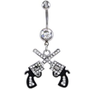 soulbreezecollection western dual revolver pistol gun dangle belly button navel rings body fashion jewelry 14 gauge