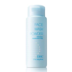 dhc face wash powder, luxurious foaming lather, lightweight powder formula, gently exfoliates, hydrating, fragrance and colorant free, ideal for all skin types, 1.7 oz. net wt.