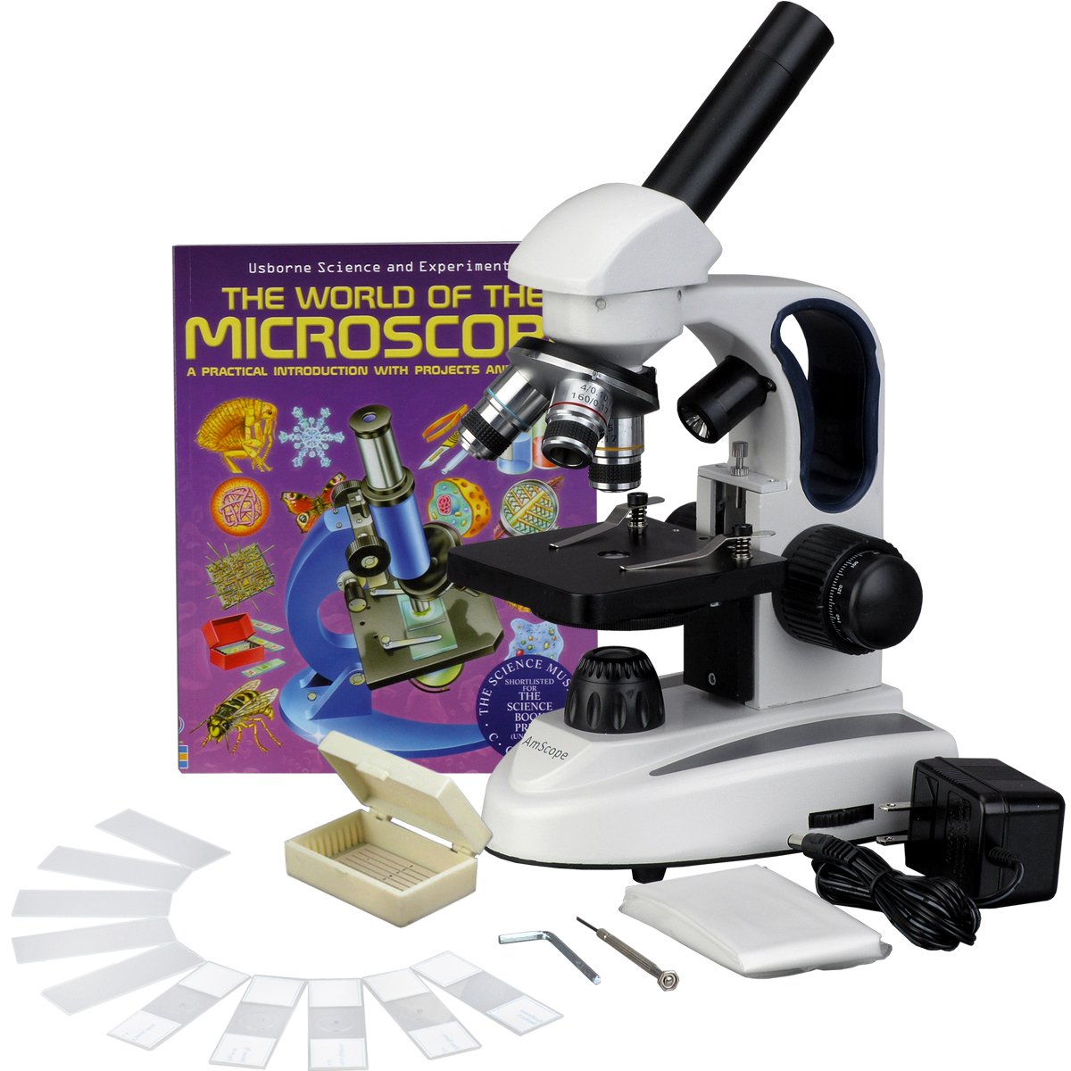 AmScope M158C-2L-PB10-WM Cordless Compound Monocular Microscope, WF10x and WF25x Eyepieces, 40x-1000x Magnification, Upper and Lower LED Illumination with Rheostat, Brightfield, Single-Lens Condenser, Coaxial Coarse and Fine Focus, Plain Stage, 110V or Ba