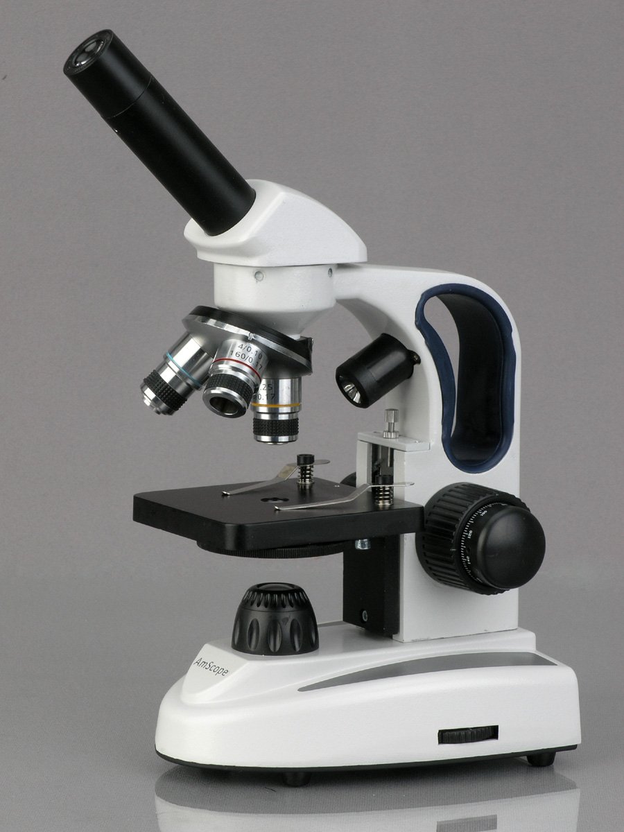 AmScope M158C-2L-PB10-WM Cordless Compound Monocular Microscope, WF10x and WF25x Eyepieces, 40x-1000x Magnification, Upper and Lower LED Illumination with Rheostat, Brightfield, Single-Lens Condenser, Coaxial Coarse and Fine Focus, Plain Stage, 110V or Ba