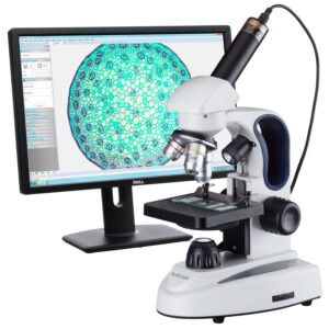 amscope m149c-2l-e digital compound monocular microscope, wf10x and wf25x eyepieces, 40x-1000x magnification, upper and lower led illumination, brightfield, single-lens condenser, plain stage, 110v or battery-powered, heavy-duty metal frame, includes 0.3m