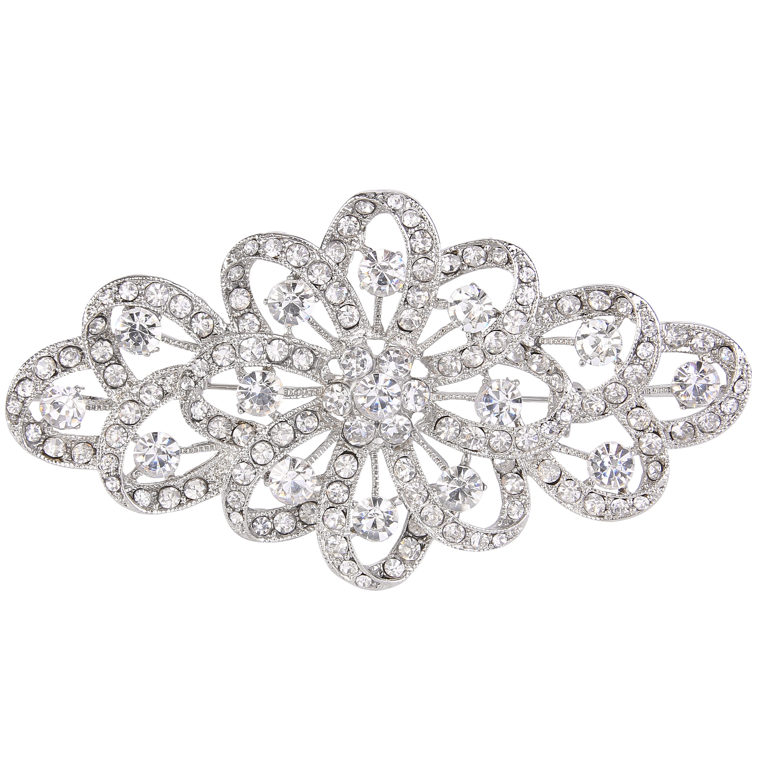 EVER FAITH Austrian Crystal 4 Inch Flower RibbonBridal Brooch Wedding Accessories for Women Clear Silver-Tone