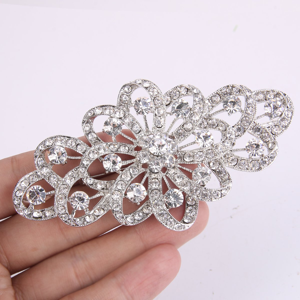 EVER FAITH Austrian Crystal 4 Inch Flower RibbonBridal Brooch Wedding Accessories for Women Clear Silver-Tone