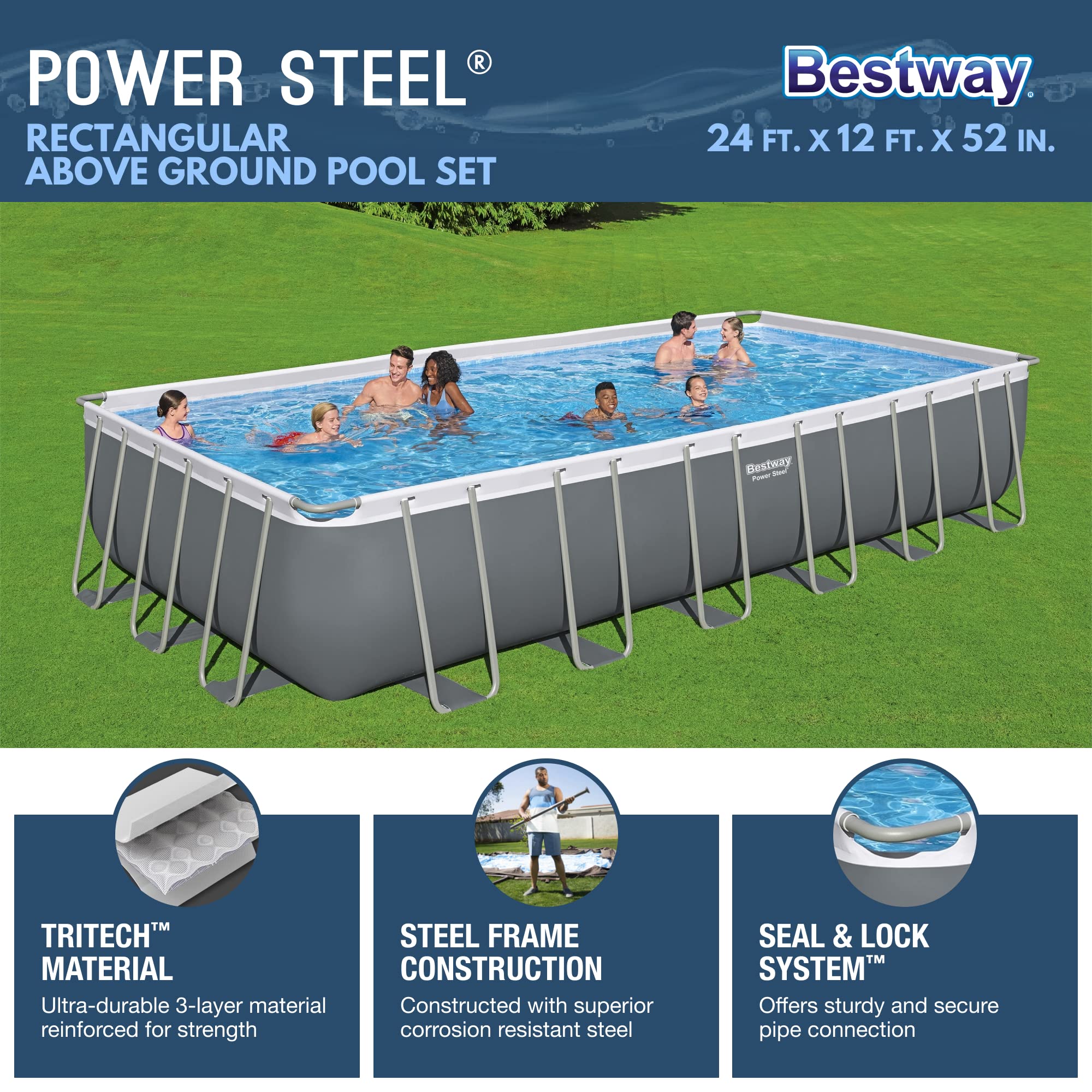 Bestway 56542E 24' x 12' x 52" Power Steel Frame Above Ground Rectangular Swimming Pool Set with 2500 GPH Filter Pump, Pool Cover, and Ladder