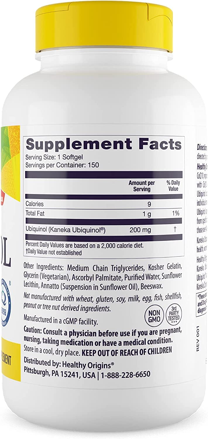 Healthy Origins Ubiquinol (Active form of CoQ10), 200 mg - Activated Form of CoQ10 - Kaneka Ubiquinol Supplements for Heart Health & Antioxidant Support - Gluten-Free & Non-GMO - 150 Softgels