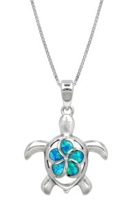 honolulu jewelry company sterling silver turtle ocean sea life necklace pendant with simulated blue opal plumeria flower nature 18" box chain