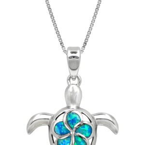 Honolulu Jewelry Company Sterling Silver Turtle Ocean Sea Life Necklace Pendant with Simulated Blue Opal Plumeria Flower Nature 18" Box Chain