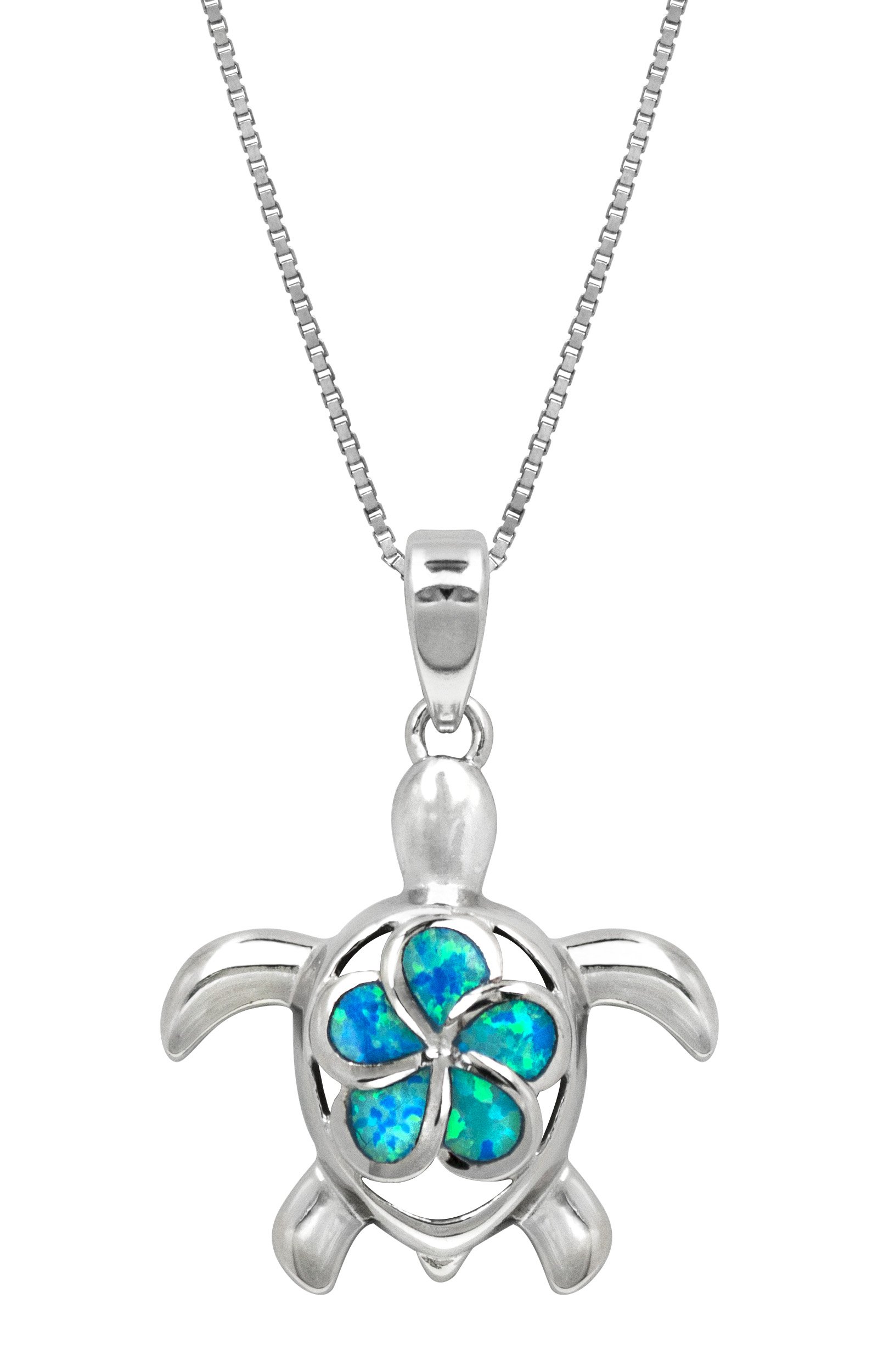 Honolulu Jewelry Company Sterling Silver Turtle Ocean Sea Life Necklace Pendant with Simulated Blue Opal Plumeria Flower Nature 18" Box Chain