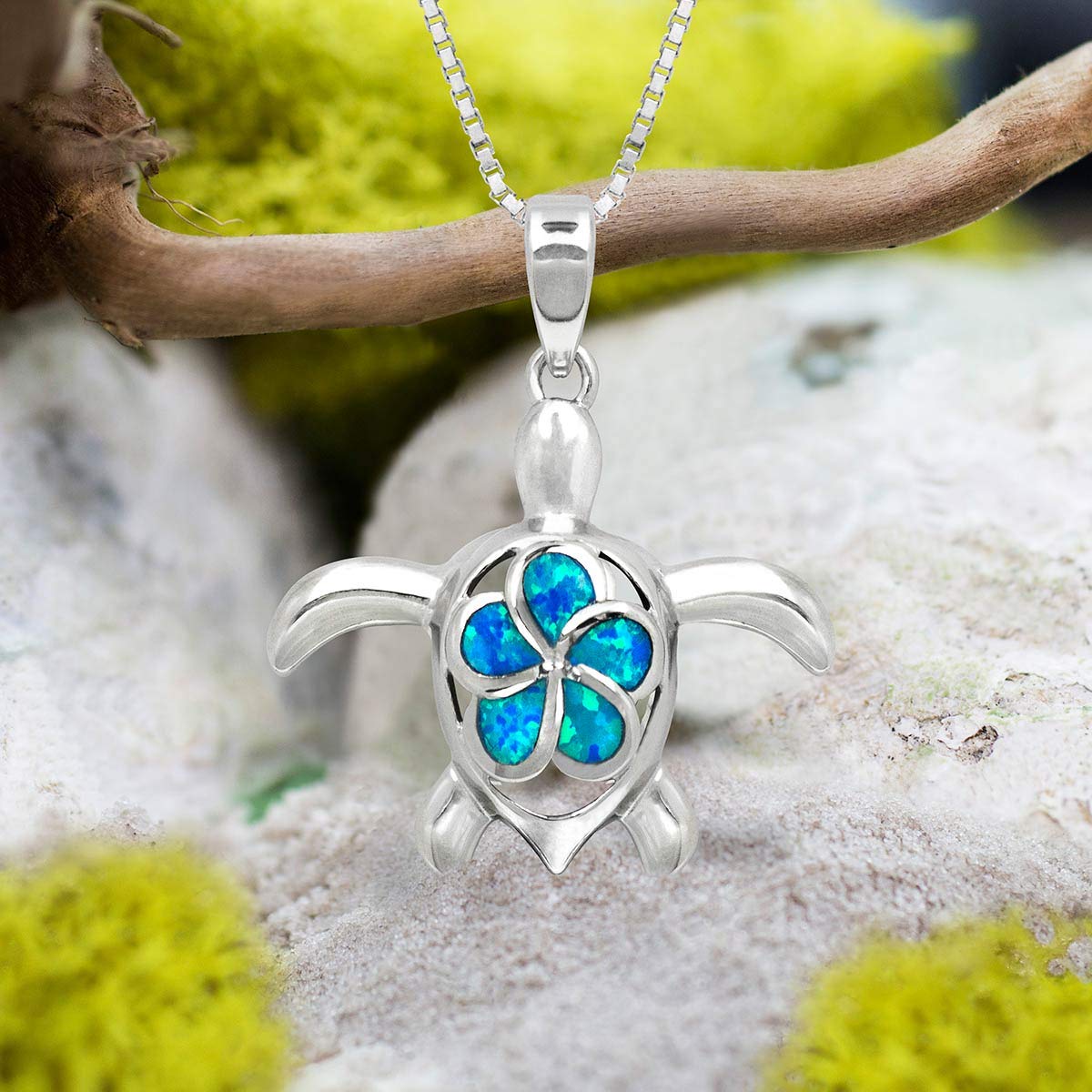 Honolulu Jewelry Company Sterling Silver Turtle Ocean Sea Life Necklace Pendant with Simulated Blue Opal Plumeria Flower Nature 18" Box Chain