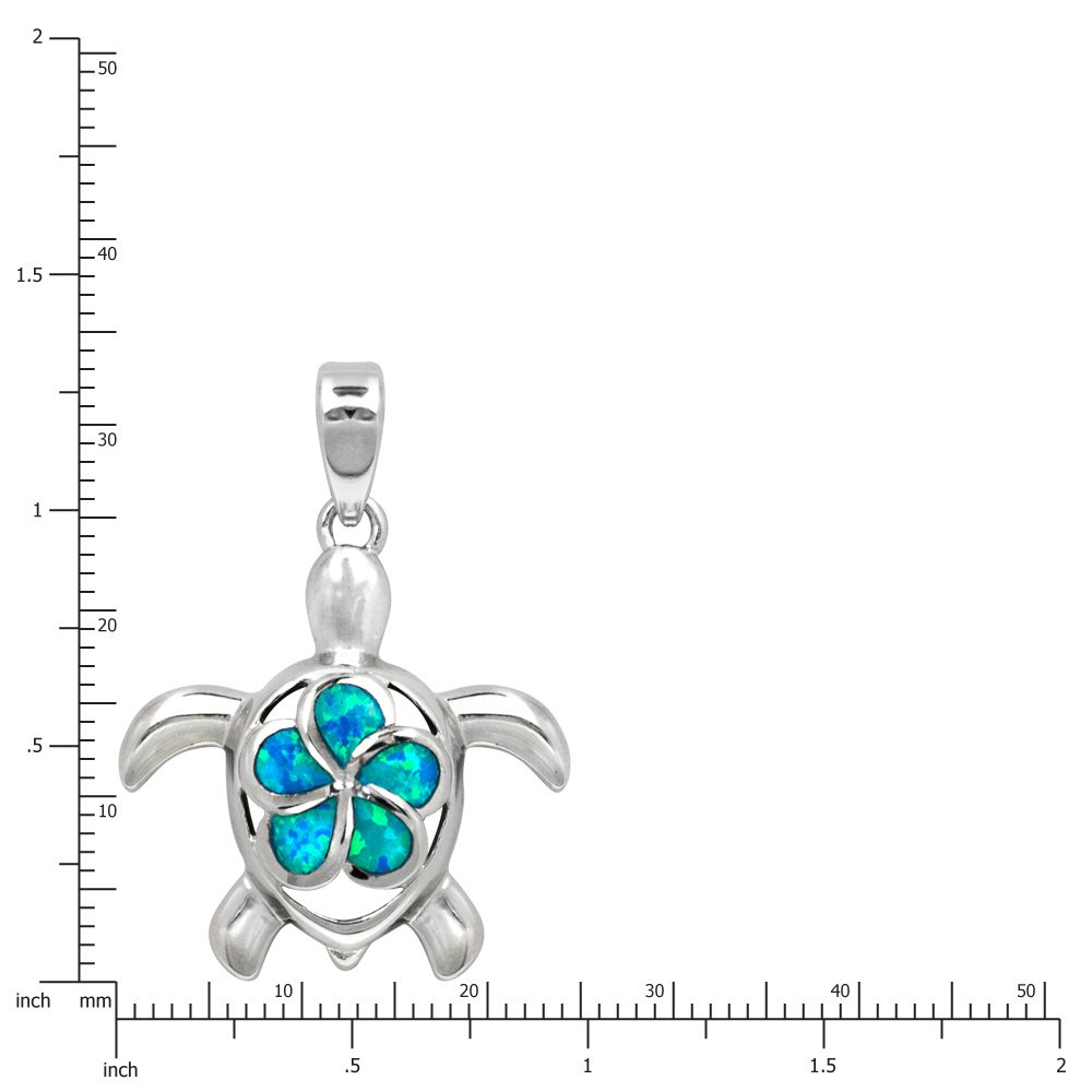 Honolulu Jewelry Company Sterling Silver Turtle Ocean Sea Life Necklace Pendant with Simulated Blue Opal Plumeria Flower Nature 18" Box Chain