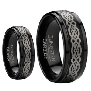 ring for men and ring for women 8mm & 6mm black tungsten carbide wedding and engagement bridal band ring sets w/laser etched celtic design