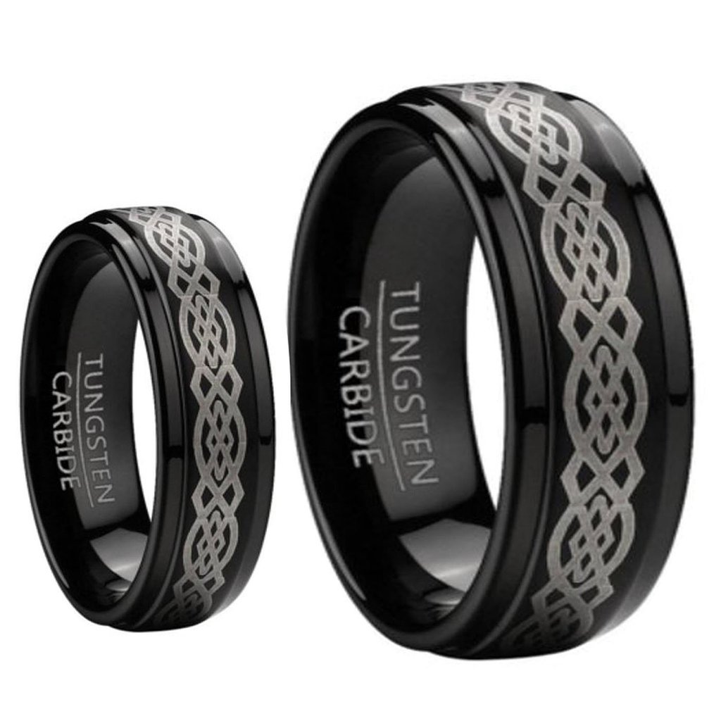 Ring for Men and Ring for Women 8MM & 6MM Black Tungsten Carbide Wedding and engagement Bridal Band Ring Sets w/Laser Etched Celtic Design