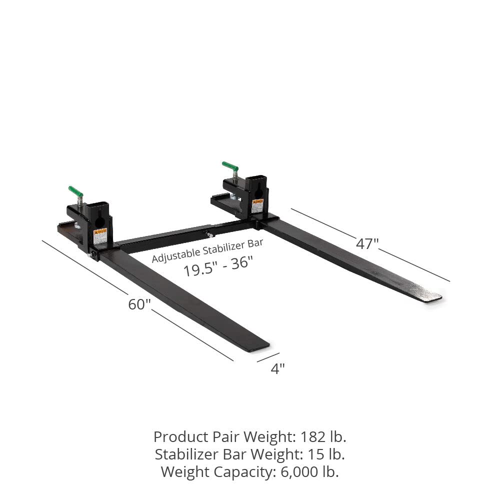 Titan Attachments Heavy-Duty 60" Clamp-on Pallet Forks with Adjustable Stabilizer Bar, 47" x 4" Fork Length, Rated 6,000 LB, Easy to Install on Loader or Skid Steer Bucket