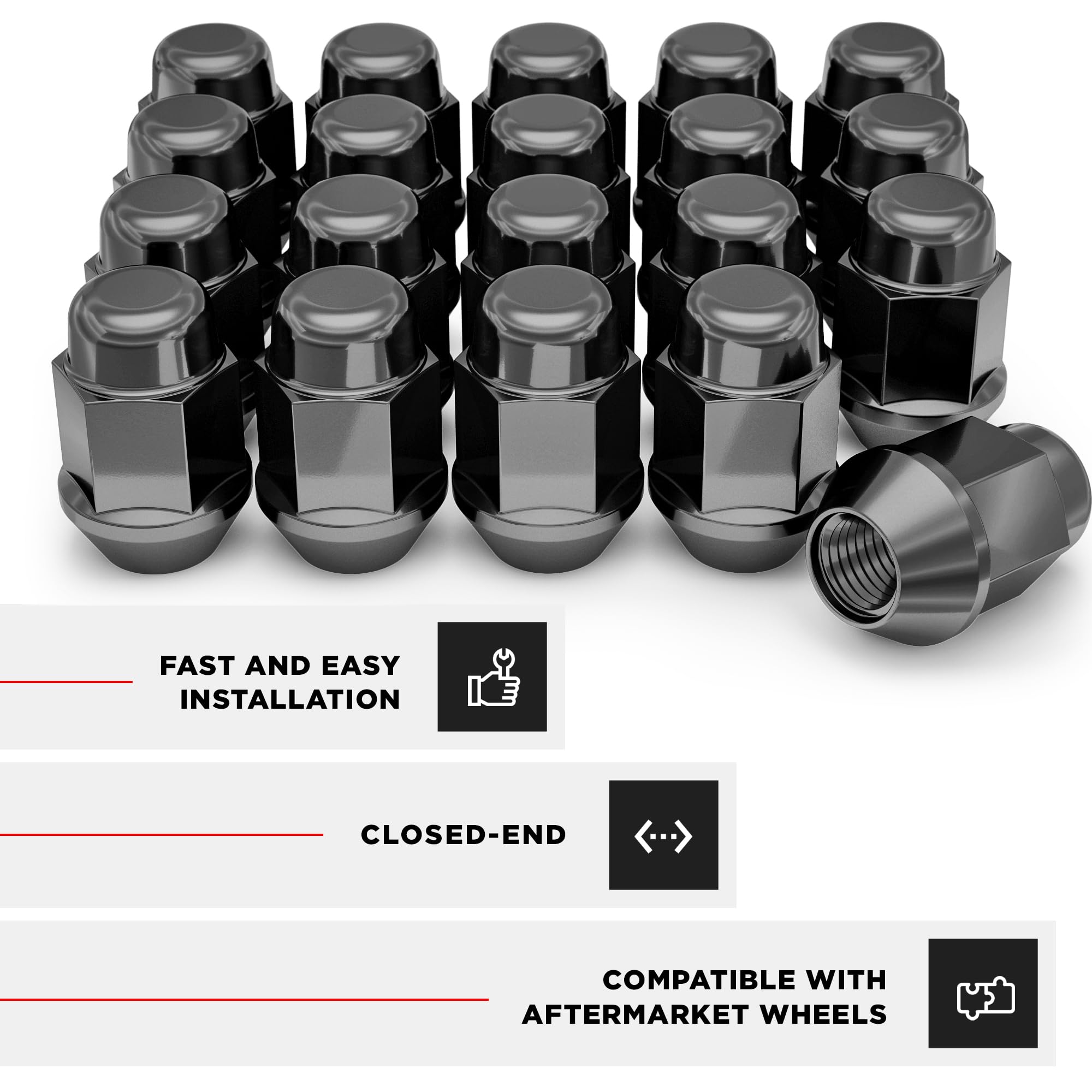 White Knight 1707SBK-20AM Black Chrome M12x1.50 Bulge Acorn Lug Nut, 20 Pack