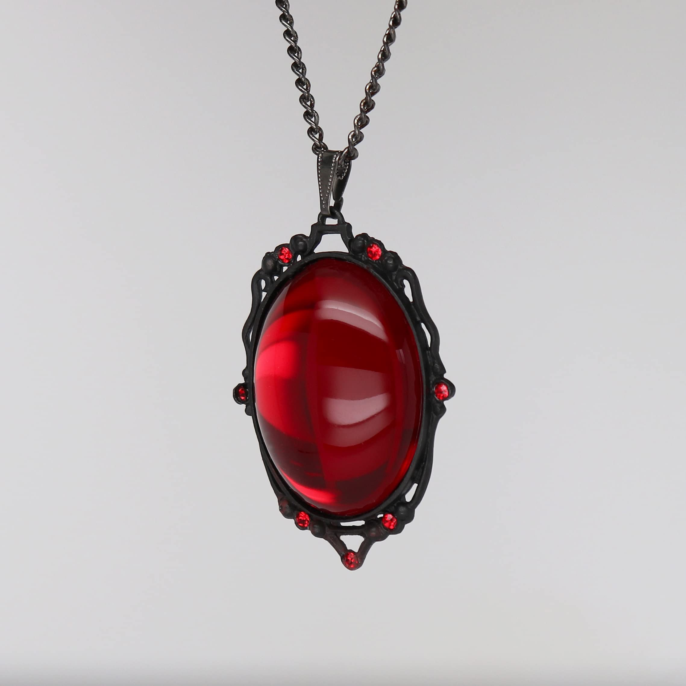 Gothic Blood Red Cabochon Pendant Necklace in Matte Black Frame Pendant Necklace