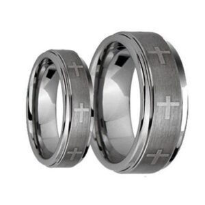 his & her's 8mm/6mm brushed center with laser cross engraved shiny edge tungsten carbide wedding band ring set, sizes 5-15 including half sizes,