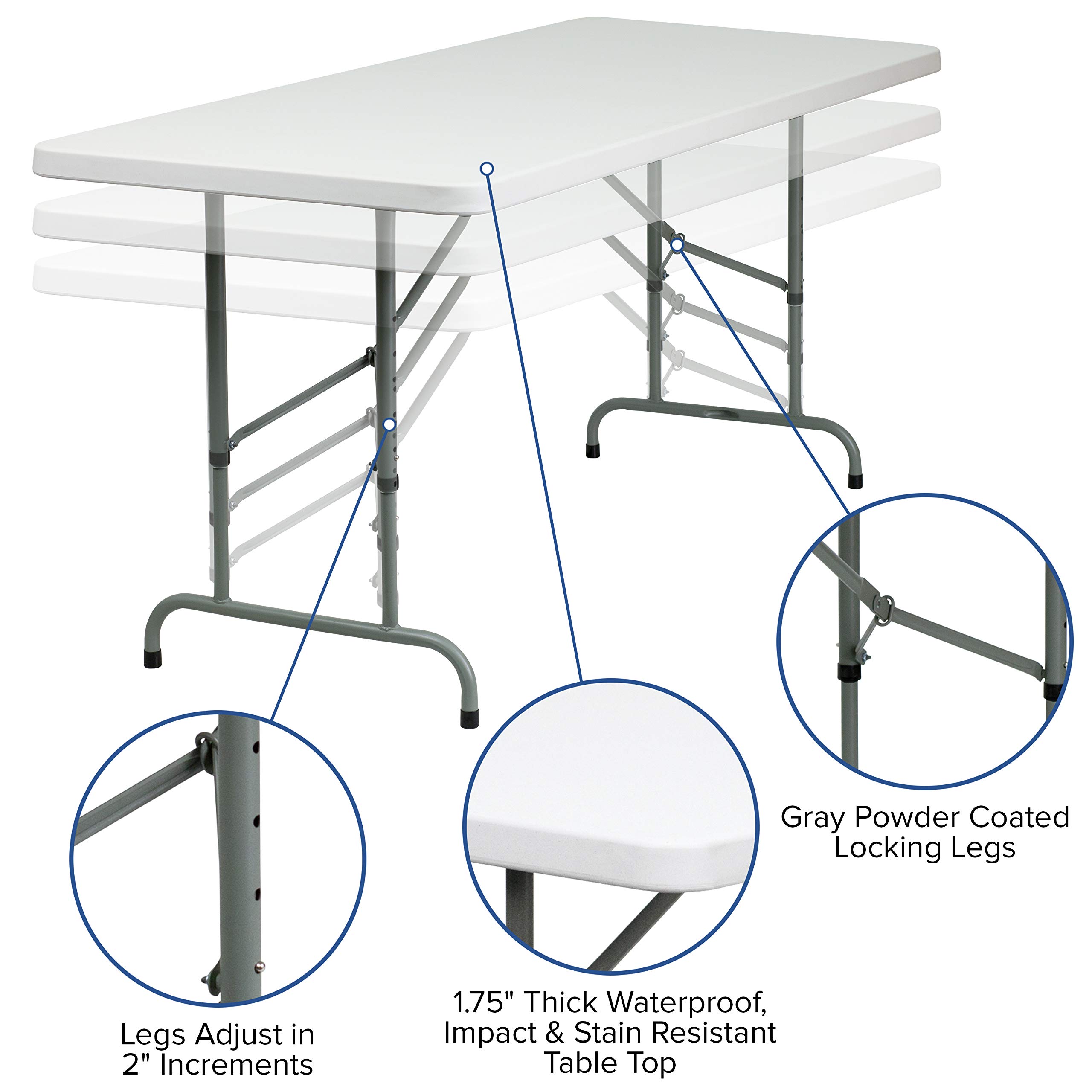 Flash Furniture Kathryn 6' Rectangular Adjustable Plastic Folding Event Table, Folding Portable Banquet Table for Indoor/Outdoor Events, White