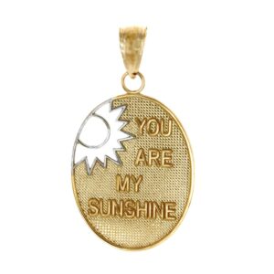 14k yellow gold celestial charm pendant, you are my sunshine with cut-out white sun