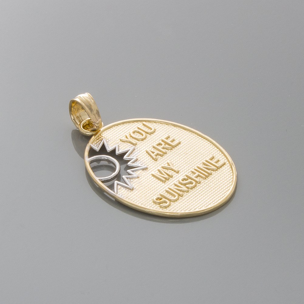 14k Yellow Gold Celestial Charm Pendant, You Are My Sunshine with Cut-Out White Sun