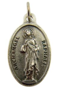 lumen mundi l&m silver toned base archangel saint raphael pray for us medal pendant, 1 inch