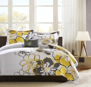 mi zone allison comforter set fun bedroom décor - modern all season floral vibrant color cozy bedding layer, matching sham, decorative pillow, twin/twin xl, yellow/grey 3 piece