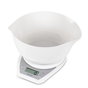 salter digital electronic kitchen scales - 2 litre dual pour mixing bowl, perfect for cooking, baking, food/liquid weighing, easy read display, metric/imperial, 15 year - white with white bowl