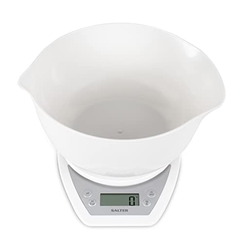 Salter Digital Electronic Kitchen Scales - 2 Litre Dual Pour Mixing Bowl, Perfect for Cooking, Baking, Food/Liquid Weighing, Easy Read Display, Metric/Imperial, 15 Year - White with White Bowl