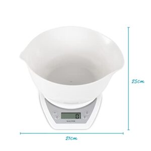 Salter Digital Electronic Kitchen Scales - 2 Litre Dual Pour Mixing Bowl, Perfect for Cooking, Baking, Food/Liquid Weighing, Easy Read Display, Metric/Imperial, 15 Year - White with White Bowl