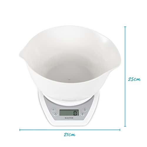 Salter Digital Electronic Kitchen Scales - 2 Litre Dual Pour Mixing Bowl, Perfect for Cooking, Baking, Food/Liquid Weighing, Easy Read Display, Metric/Imperial, 15 Year - White with White Bowl