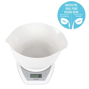 Salter Digital Electronic Kitchen Scales - 2 Litre Dual Pour Mixing Bowl, Perfect for Cooking, Baking, Food/Liquid Weighing, Easy Read Display, Metric/Imperial, 15 Year - White with White Bowl