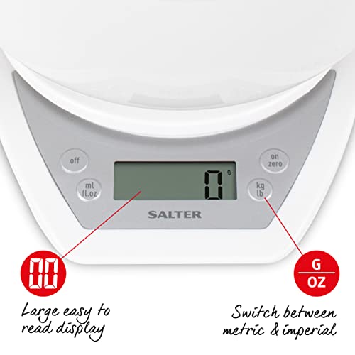 Salter Digital Electronic Kitchen Scales - 2 Litre Dual Pour Mixing Bowl, Perfect for Cooking, Baking, Food/Liquid Weighing, Easy Read Display, Metric/Imperial, 15 Year - White with White Bowl