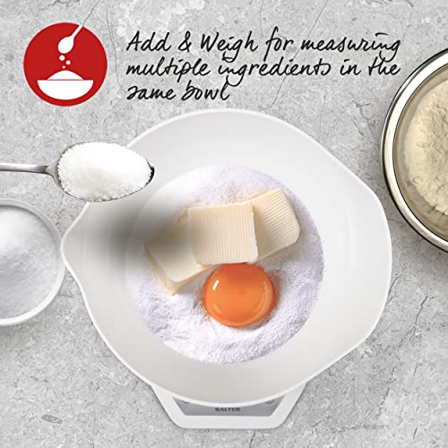 Salter Digital Electronic Kitchen Scales - 2 Litre Dual Pour Mixing Bowl, Perfect for Cooking, Baking, Food/Liquid Weighing, Easy Read Display, Metric/Imperial, 15 Year - White with White Bowl