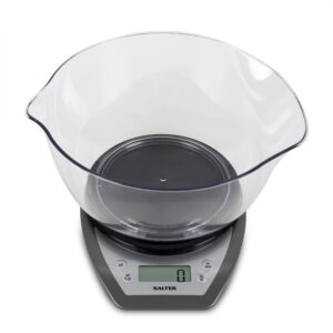 salter 1024 svdr14 digital kitchen scale with bowl- 2l dishwasher safe mixing bowl, easy dual pour wide & narrow spouts, measure liquids, add & weigh function, easy read display, 5kg capacity, silver